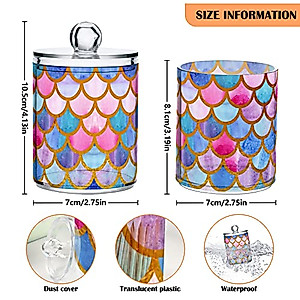 Fustylead 4 Pack Mermaid Scales Qtip Holder Dispensers, Plastic Apothecary Jar Bathroom Accessories Set for Cotton Ball, Swab, Round Pads, Floss