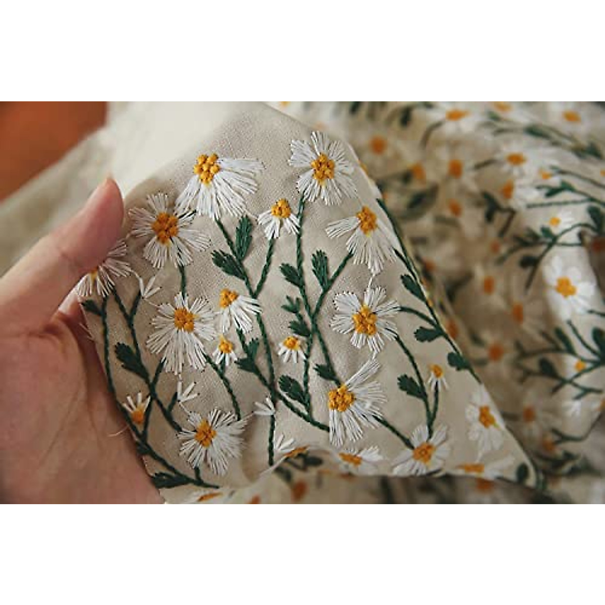CraftDesignL Linen Daisy Embroiderd Cotton Fabric,Floral Embroidered Fabric,Daisy Fabric,Embroidered Fabric,Dress Fabric,Designer Fabric,Fabric by Yard (Beige)