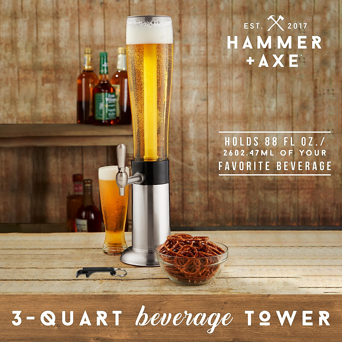Hammer + Axe Drink Dispenser [2023 Amazon Exclusive] Pro-Pour Tap & Bottle Opener, 88 Fl Oz, Home Bar Party Accessory, Elegant Design, Portable Beverage Tower Server, Beer Liquor Margaritas Cocktails