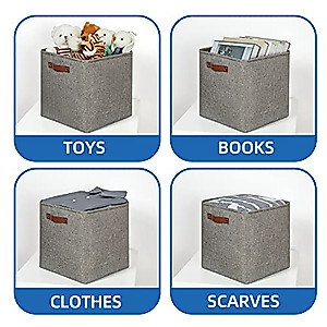 Temary Storage Baskets 13 Inch Fabric Storage Cubes for Shelves Set of 4 Storage Cube Bins for Home, Office, Storage Organizers for Toys with Leather Handles(Grey)