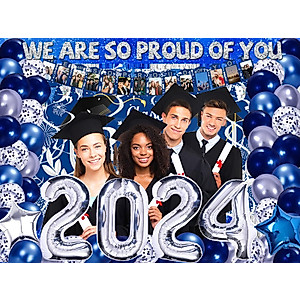 Graduation Decorations Class Of 2024, 231PCS Party Decorations, Graduation Decorations with Backdrop balloons Paper Plate Cup Napkin Cutlery Tablecloth Balloon Garland (Blue and Silver)