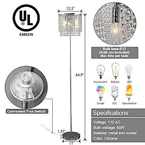 Crystal Floor Lamp, Modern Standing Lights 64.9" Tall Pole Lamp Elegant Chrome Finish with Crystal Shade Floor Lamp Bright Floor Lamp for Living Room Bedroom Office Study Room Girls Room Silver