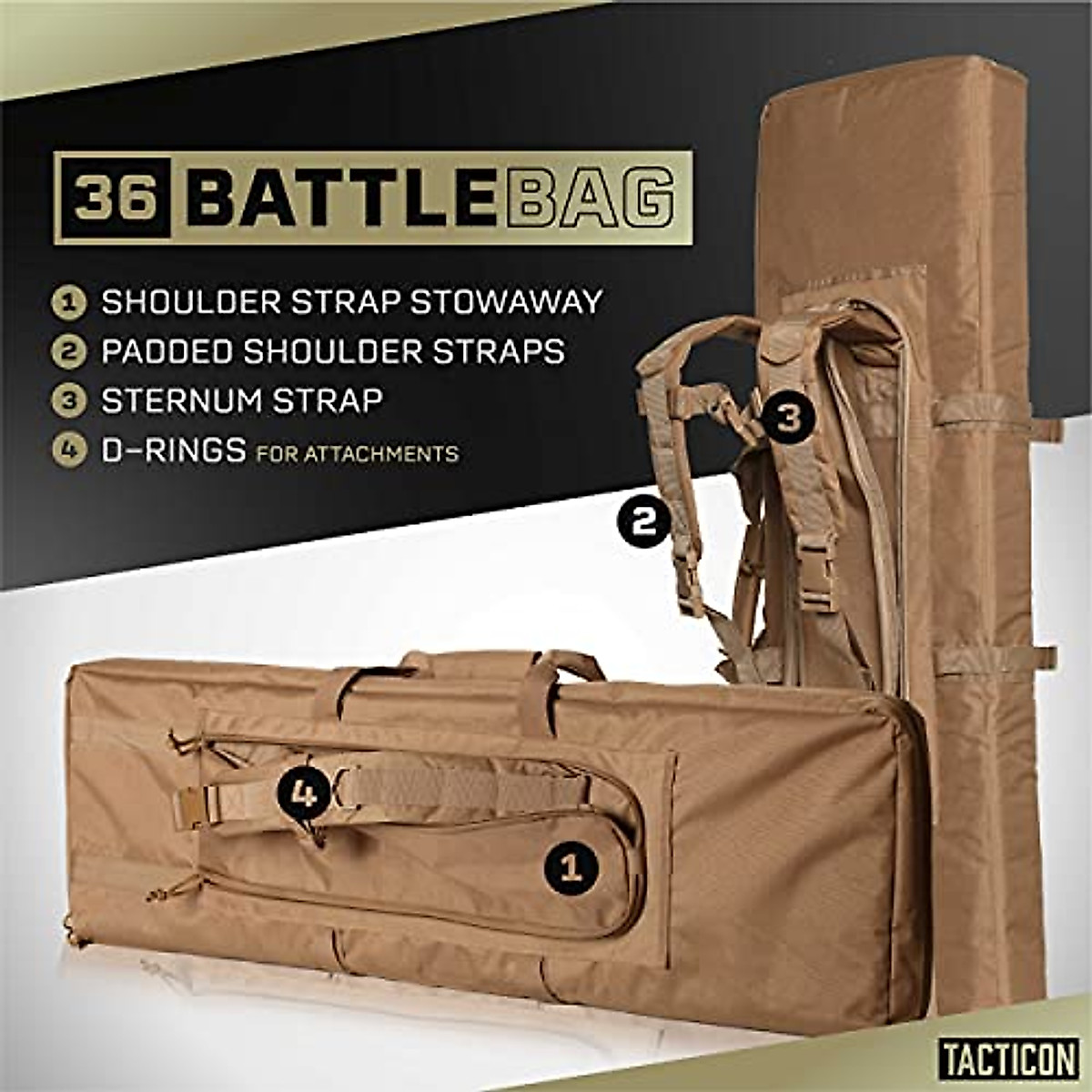 Tacticon Double R i f l e Bag | 2 R i f l e s + 2 Pistols Tuckable Backpack Straps | COMBAT VETERAN OWNED COMPANY | Waterproof Padded Lockable Carbine(Flat Dark Earth Tan, 36" x 12" Double Case)
