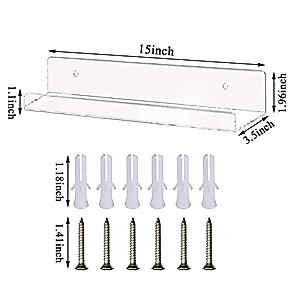 QPEY Clear Acrylic Shelves,15" Invisible Floating Bookshelf Wall Mounted Wall Shelves for Picture Display,Record Storage,Book,Magazine,Files Organizer-Acrylic Shelves 2 Packs