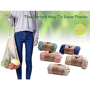 S SRYSITA 5 Pack My Eco Bag Portable Large Reusable Grocery Bags Fruit and Vegetable Bag Washable Cotton Mesh Bag Organic Organizer Shopping Handbag Long Handle Net Tote (Blue,Green,Beige,Pink)