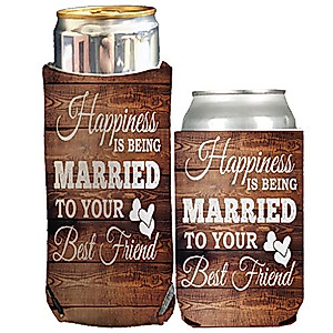 VictoryStore SLIM Can Coolers: “Happiness is being Married To Your Best Friend” Wedding Skinny Can Coolers (100, Half Slim, Half Standard Size)