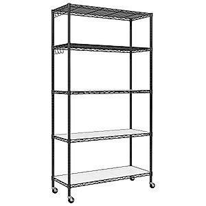 SONGMICS 5 Tier Garage Shelving, Wire Shelving Unit, 43.3 x 13.8 x 65.4 Inches, Adjustable Metal Shelves, 5 Plastic Liners 8 Hooks, Mobile Storage Shelves, Pantry Kitchen Basement, Black ULGR015B01