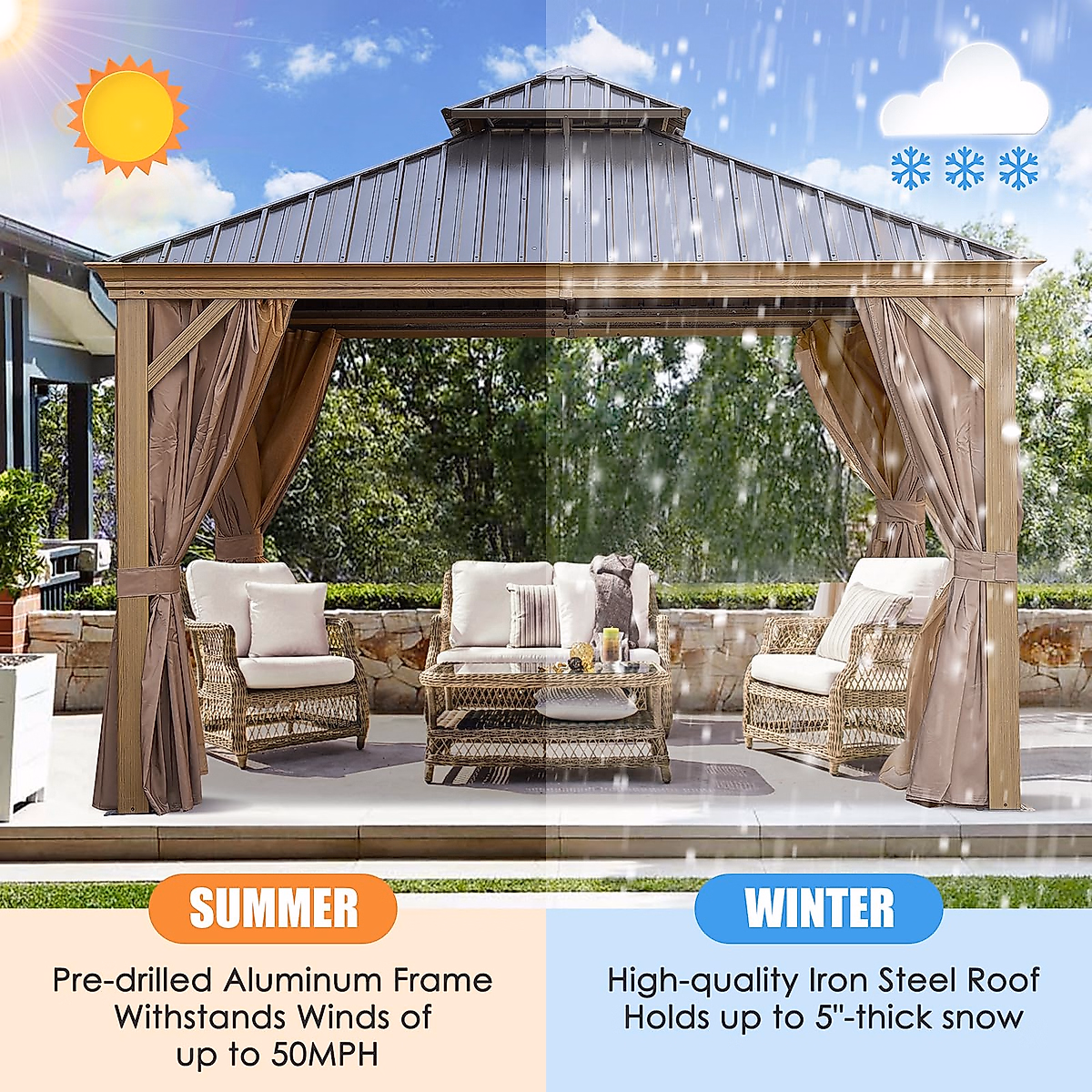 12’ X 12’ Hardtop Gazebo with Galvanized Steel Double Roof Ventilation Design, Wooden Coated Aluminum Frame Gazebo Canopy with Netting and Curtains Included,Metal Outdoor Backyard Discovery Gazebo