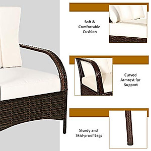 Tangkula 3 Piece Patio Furniture Set, 2 Wicker Chairs with Glass Top Coffee Table, Outdoor Garden Porch Poolside Furniture Set for 2, Rattan Conversation Set (Cream)