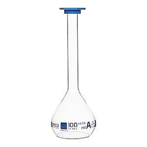 EISCO Volumetric Flask, 100ml - Class A, ASTM - Snap Cap - Blue Graduation Mark, Tolerance ±0.080ml - Borosilicate Glass