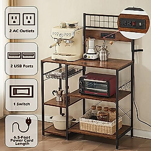 Leesingdo Kitchen Bakers Rack with Power Outlet, Microwave Stand, Coffee Bar Kitchen Storage Rack with Wire Basket, 6 Hooks, Kitchen Shelves for Spices, Pots, and Pans, Rustic Brown