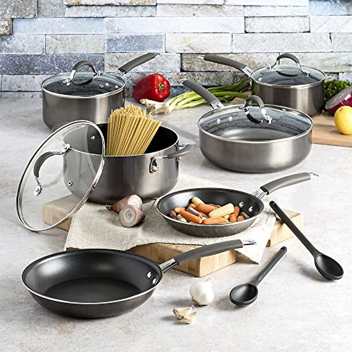 Cooking Light Allure Non-Stick Ceramic Cookware with Silicone Stay Cool Handle, 12 Piece Set, Charcoal