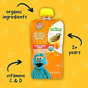 Earth's Best Organic Kids Snacks, Sesame Street Toddler Snacks, Organic Fruit Yogurt Smoothie for Toddlers 2 Years and Older, Pineapple Orange Banana, 4.2 oz Resealable Pouch (Pack of 12)