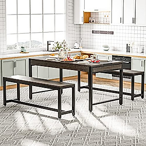 Tribesigns 63 Inch Large Dining Table Set for 4 to 6, Kitchen Breakfast Table with 2 Benches & Sided Drawer, 3-Piece Modern Industrial Bar Table Furniture for Dining Room, Gray Brown & Black