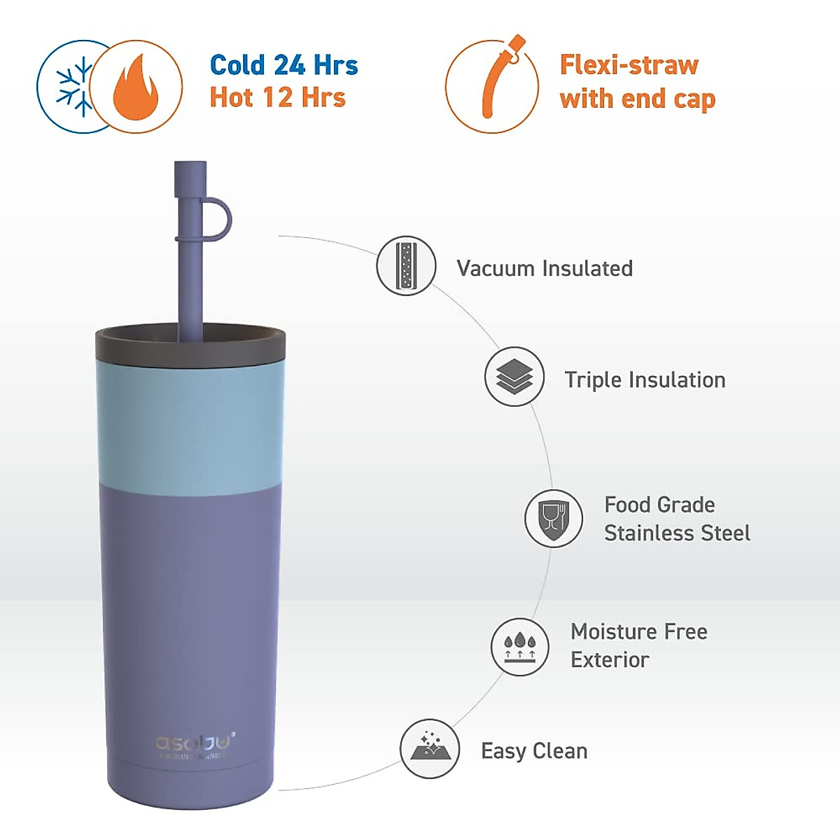 asobu Sippy Double Wall Stainless Steel Tumbler with Silicone Flexible Straw, 20 Ounces (Pastel Purple)