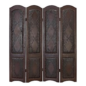 Deco 79 Faux Leather Scroll Partition Room Divider Screen Hinged Foldable Partition 4 Panel Privacy Screen with Faux Leather Detailing, Room Partition 64" x 1" x 71", Brown