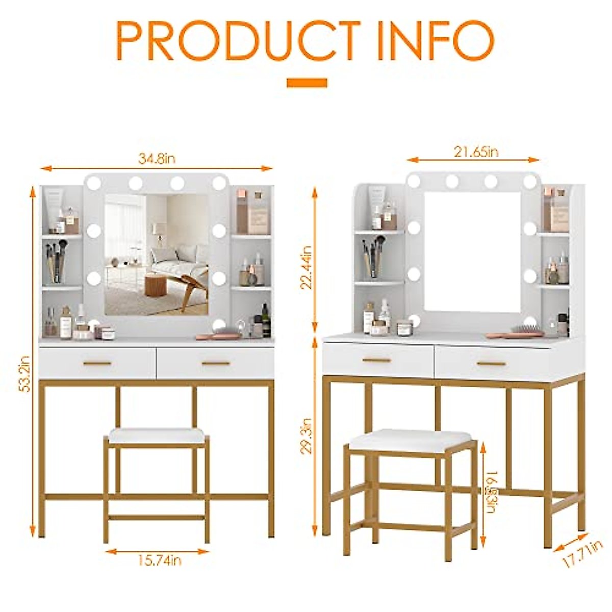 Vabches Makeup Vanity with Lighted Mirror,Vanity Mirror with Lights and Table Set,Vanity Set with 10 LED,Vanity Desk with 3 Lighting Modes and 2 Drawers&Cushioned Stool for Bedroom.