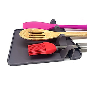 Silicone Utensil Rest by Kasian House - Extra Large Kitchen Spoon Rest with Drip Pad, Utensils Holder for Spoons, Spatulas, Ladles, Tongs & BBQ, BPA-Free, Heat-Resistant & Dishwasher Safe (Grey)