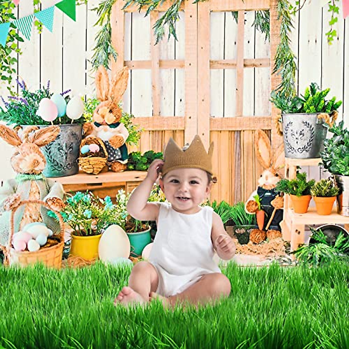 WENMER 5X7ft Spring Easter Backdrop, Garden Easter Egg Rabbit Photography Background Rustic Wooden Door Easter Bunny Flower Photo Backdrop for Easter Kids Children Newborn Baby Pet Portrait Photo