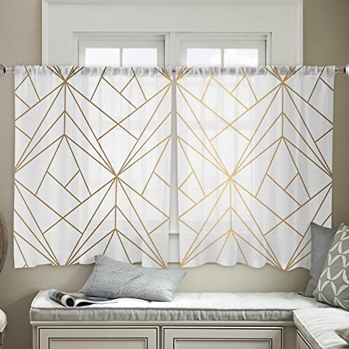 Singingin Chiffon Backdrop Curtain, Gold Yellow Line Geometric Patterned Soft Lightweight Window Drapes Rod Pocket Curtains for Bedroom Living Room Home Office Decor 52 x 45 Inch, 2 Panels