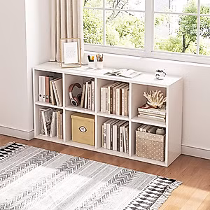 NELYE 8 Cube Organizer Bookcase - Fabric Storage Bins Container, Open Shelf Simple Compartments Bookshelf, White