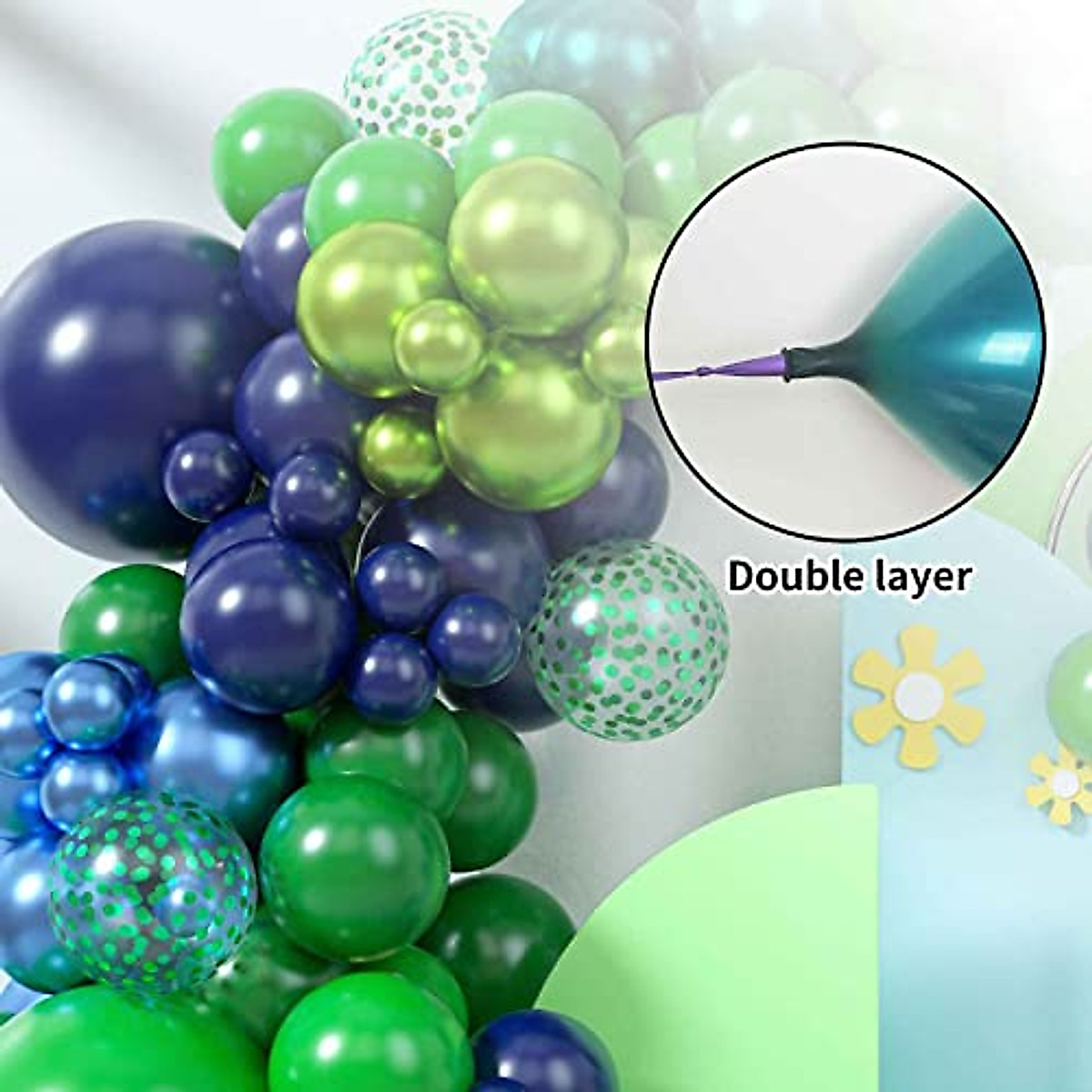 Blue and Green Balloon Garland Kit, Navy Blue Dark Green Balloon Garland Arch Kit with Double Layer Chrome Blue Balloons, Metallic Green Blue Balloons Green Confetti Balloons for Birthday Party Decor