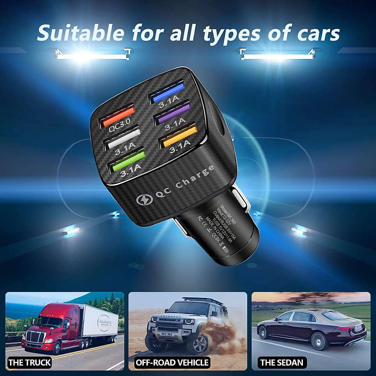 Fast Charging 6 Ports Car Phone Charger Adapter,QC3.0/3.1A Type Smart Shunt Cigarette Lighter USB Charger Compatible with iPhone 14 13 12,S22 S21 S20,iPad Pro& All Mobil Phone (Black)