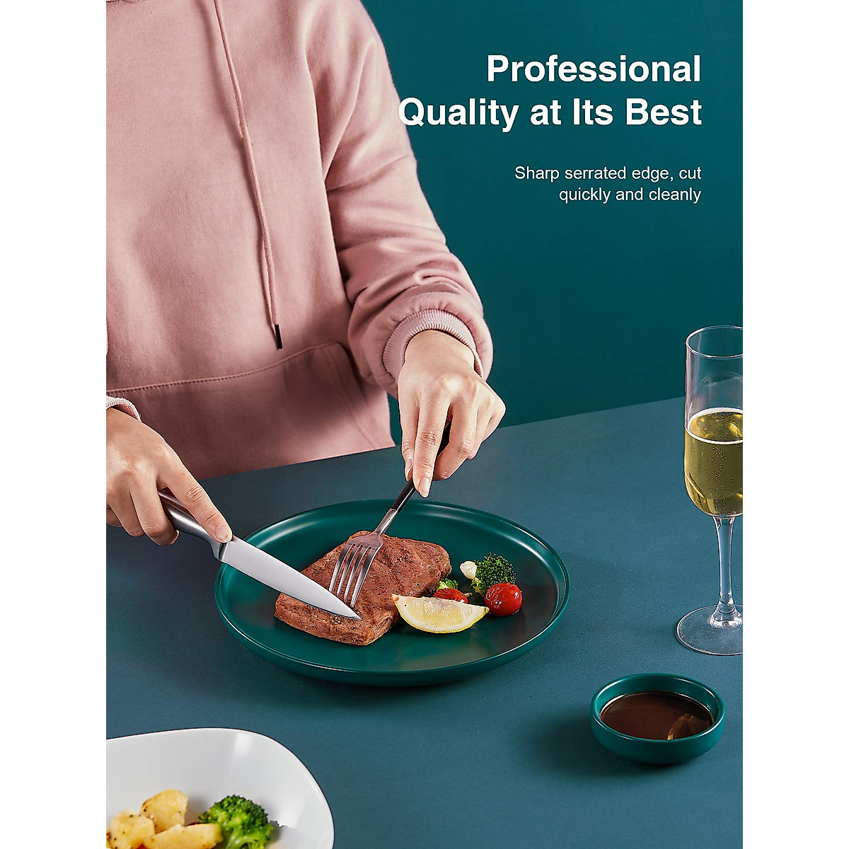 ZAWS Steak Knives, Knives Set of 8, Stainless Steel Knife Gift Box Set,Super Sharp Kitchen Serrated Knife, Ergonomic Tapered Handle, 9.1 IN, Silver