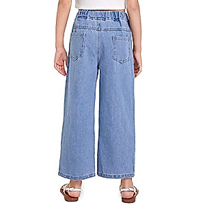 WDIRARA Girl's Butterfly Print Elastic Waist Wide Leg Ripped Jeans Denim Pants Blue 140