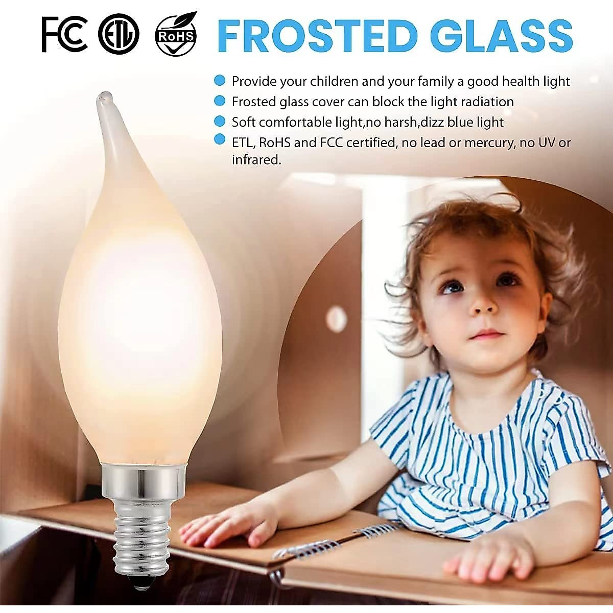 E12 LED Candelabra Bulb,4W Vintage Edison Style Light Bulbs, 40 Watt Equivalent,2700K Warm Soft White 400LM, Dimmable Candle Bulbs, C35 Frosted Glass Flame Shape Bent Tip（6pack）