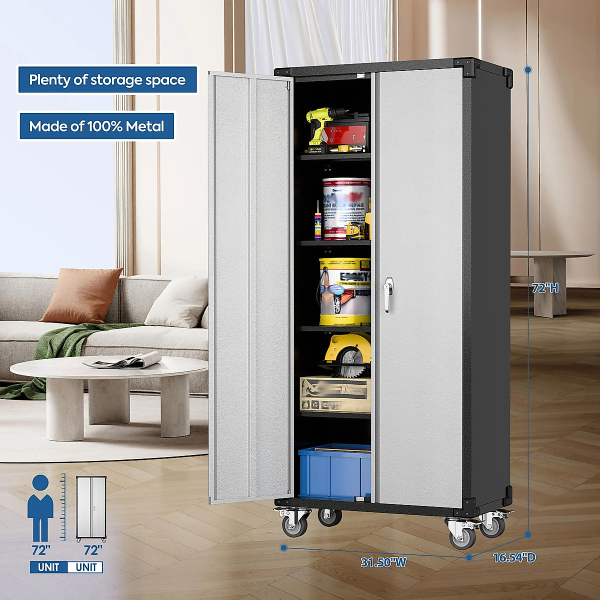 SUXXAN Metal Storage Cabinet with Wheels, Rolling Garage Storage Cabinets with 4 Adjustable Shelves, Metal Garage Storage Cabinet with Wheels, Locking Cabinet 72" H, Assembly Require