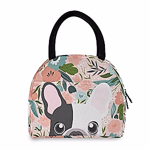 YiGee French Bulldog Floral Dog Lunch Bag Tote Bag, Insulated Organizer Zippered Lunch Box Lunchbox Lunch Container Handbag for Women Men Home Office Picnic Beach Use