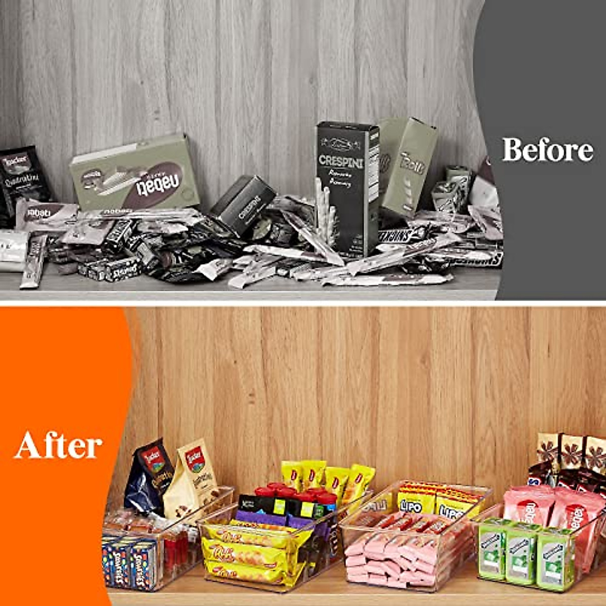 Lifewit 4Pcs Plastic Food Storage Organizer Bin Box, Hold with 3 Dividers for Tea Bags, Snacks, Packets, Pouches, Spices, Ideal for Pantry, Kitchen, Fridge, Cabinet Organization, BPA Free, Clear