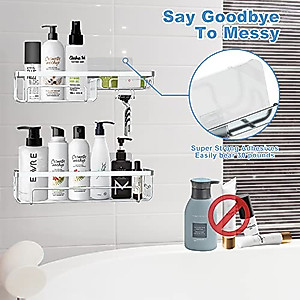 Kienapanc Shower Caddy Shelf & Bathroom Shower Organizer Rack with 12 Hook,No Drilling Wall Mount Shower Storage for Shampoo Conditioner Shower Shelf SUS304 Stainless Steel- 2 Pack (Polished Silver)