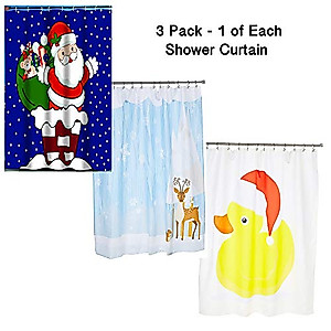 Carnation Christmas Shower Curtain 3 Pack - 1 Each Christmas Santa Up On The Rooftop, Forest Reindeer Friends, Christmas Tubber Ducky - Set 3 Fabric Xmas Shower Curtains