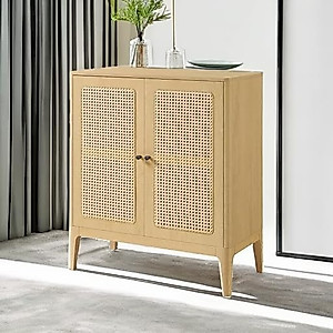 VASAGLE by SONGMICS HOME Rattan Sideboard Buffet Storage Cabinet - Kitchen Cupboard Server Console Table with Adjustable Shelves, 15.7 x 31.5 x 35.4 Inches for Entryway, Living Room, Natural