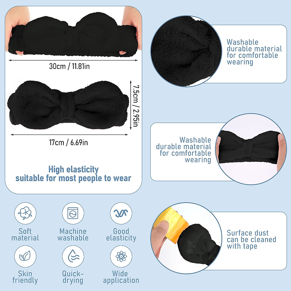 WLLHYF Spa Headband Bow Hair Band Facial Makeup Head Band Microfiber Soft Coral Fleece Head Wraps Elastic Skincare Headbands for Women Girls Washing Face Beauty (Black)