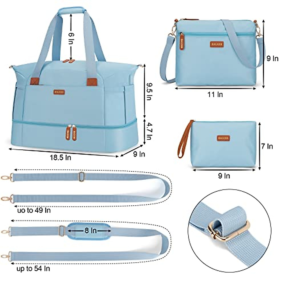 BAGODI Gym Bag for Women, Weekender Overnight Bag with USB Charging Port, Sport Travel Duffel Bag with Wet Pocket & Shoe Compartment, Carry on Tote Bag for Travel/Gym/School 5 Pcs Set