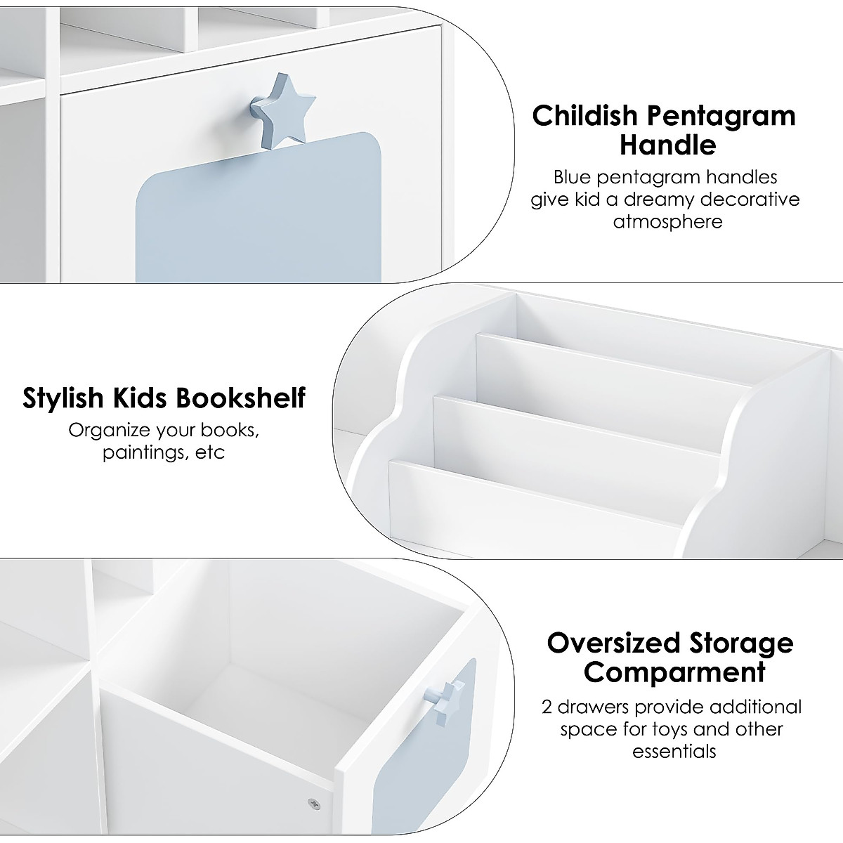 FOTOSOK Toy Storage Organizer, 46'' Toy Shelf, Bookshelf with White and Blue Bookcase & 2 Storage Cubbies Toy Box, Toy Storage Cabinet for Playroom, Bedroom, Classroom, Library