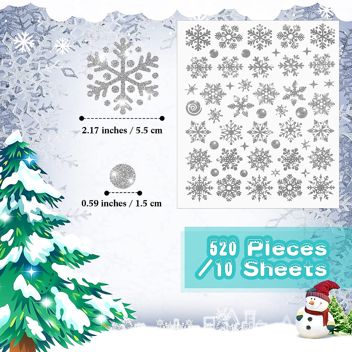 Yexiya 520 Pcs Christmas Envelope Seal Sticker Glitter Snowflake Sticker Label Christmas Sticker Xmas Snowflake Dot Envelope Sticker Seal for Christmas Card Envelope Box Decoration (Silver, 10 Sheets)