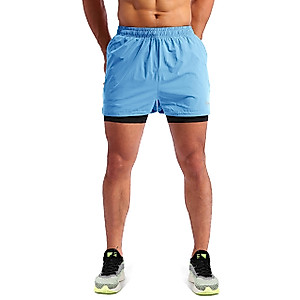 Pudolla Men’s 2 in 1 Running Shorts 5" Quick Dry Gym Athletic Workout Shorts for Men with Phone Pockets(Light Blue Medium)