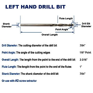 Drill Hulk 7-Piece M35 Cobalt Left Hand Drill Bit Set for Removing Damaged Bolts and Screws, 5/64-Inch, 7/64-Inch, 5/32-Inch, 1/4-Inch, 19/64-Inch