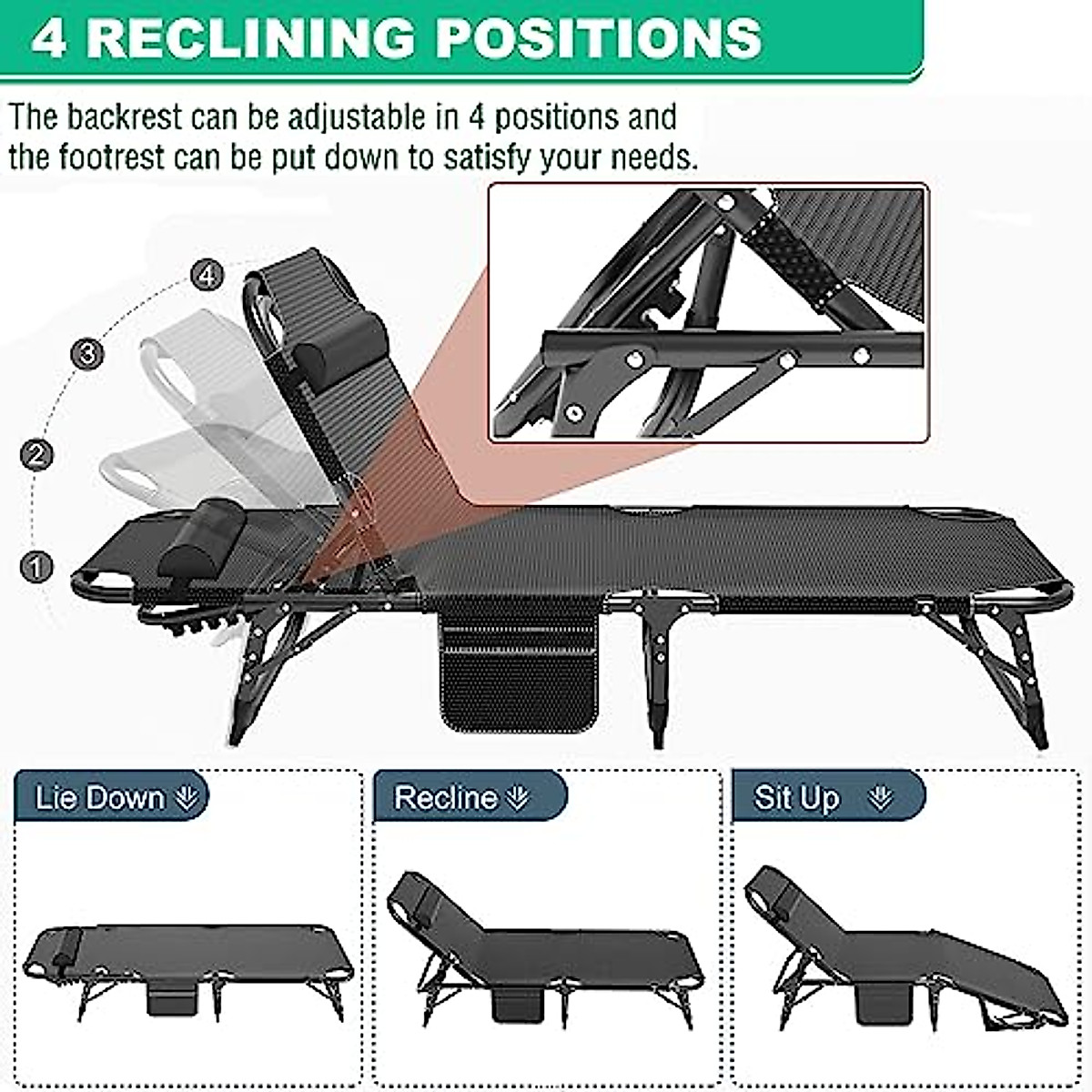 Camping Cot, Adjustable 4-Position Adults Reclining folding Chaise with Pillow, Outdoor portable Lounge Chair Sleeping Cots Bed, Perfect for Camping, Pool, Beach, Patio