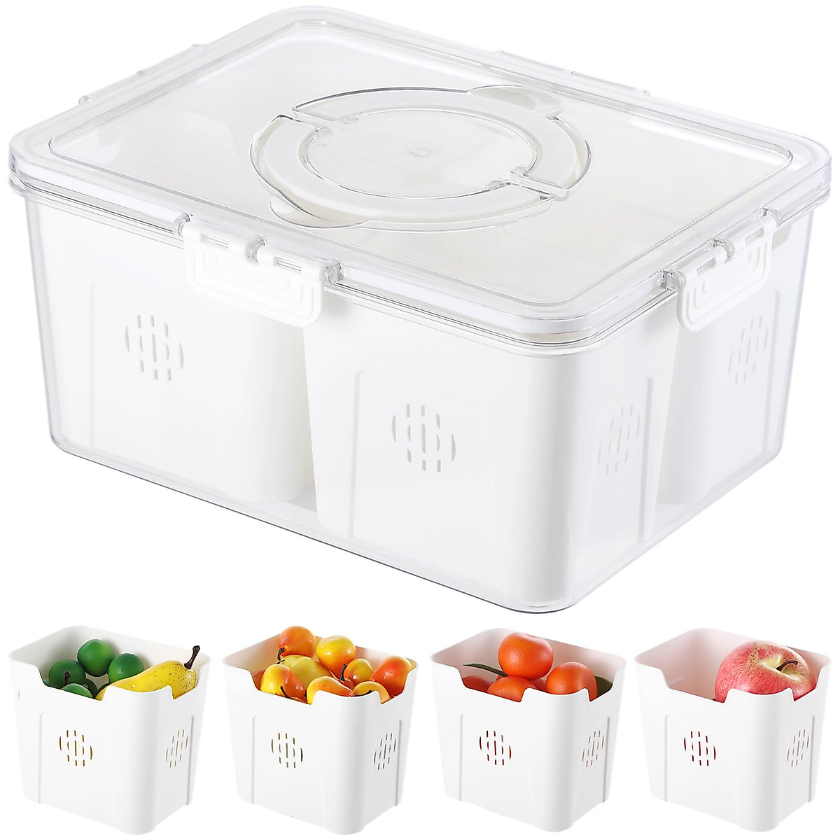 Lnrueg Airtight Fresh Produce Containers for Fridge - 4 Compartments with Handle, Berry Containers for Fridge, BPA-Free Fresh Produce Saver & Refrigerator Organizer Bins