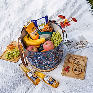 WILLOW WEAVE Portable Picnic Basket Set with Service for 2, Sturdy Woven Base & Canvas Picnic Beach Tote Bag with Drawstring Closure & Insulated Lining, for Outdoor Events, Shopping - Blue Floral