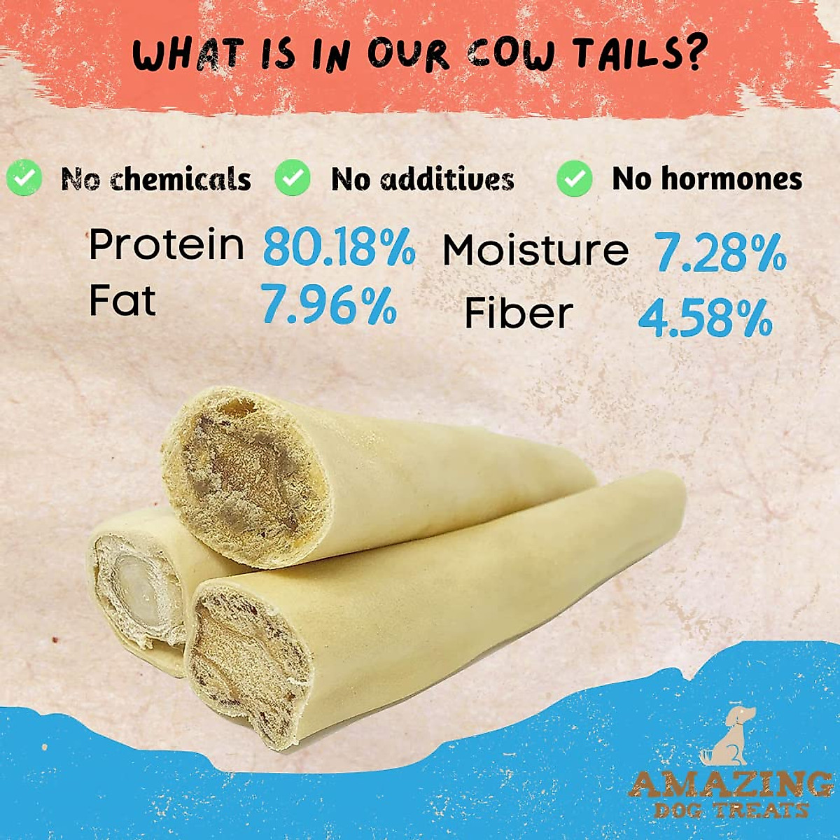 Amazing Dog Treats - 6 Inch Cow Tail Dog Chew- Thick - (10 Pcs/Pack) - Premium Quality - Sourced from Grass Fed Cattle - Long Lasting Dog Chew- Rawhide Alternative