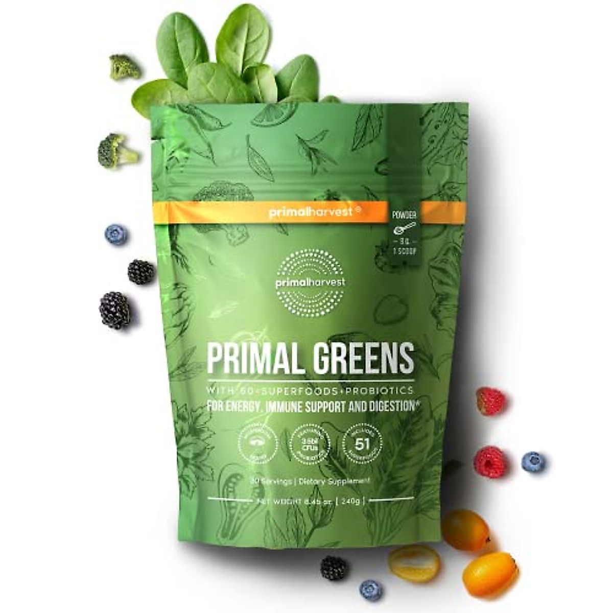 Primal Harvest Super Greens Powder, 30 Servings w/+50 Greens Superfood Chlorella, Probiotics, Green Tea, Wheatgrass, Kale, Turmeric, Green Superfood Powder for Energy - Primal Greens Green Powder