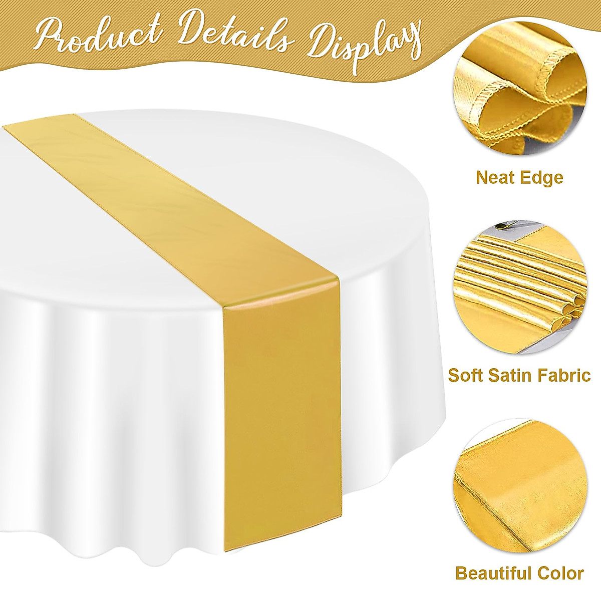 12 Pack 12x108 Inch Satin Table Runner and 84 Inch Round Plastic Tablecloths Set White and Gold Disposable Round Table Cover for Graduation Wedding Bridal Shower Anniversary Birthday Party Decorations