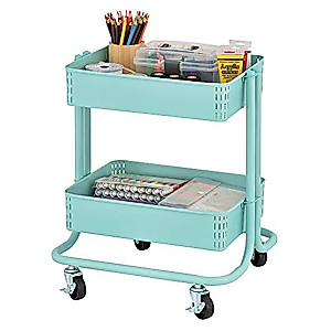 ECR4Kids 2-Tier Metal Rolling Utility Cart - Under Desk Office Storage, Multipurpose Mobile Organizer, Teal