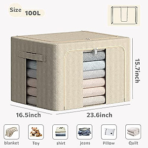3 Pack Clothes Storage Bins Stackable Large Capacity Metal Frame Storage Box Large Capacity Foldable Oxford Fabric Clothes Container Organizer with Clear Window (Extra Large-100L, Beige)